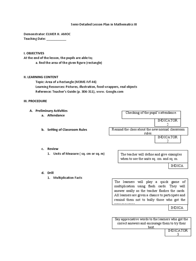Lesson Plan-MATH 3 - Area | PDF | Area | Learning