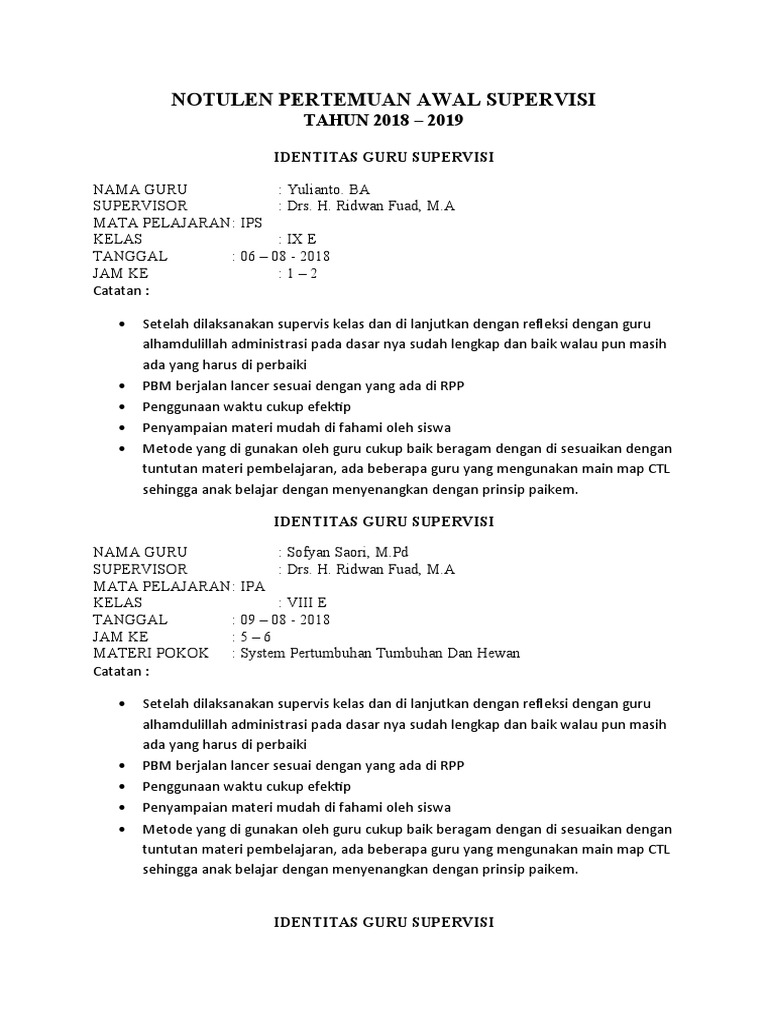 Notulen Pertemuan Awal Supervisi | PDF