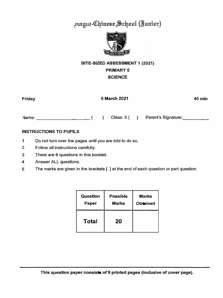 P5 Science ACS 2021 WA1 2 Exam Papers | PDF