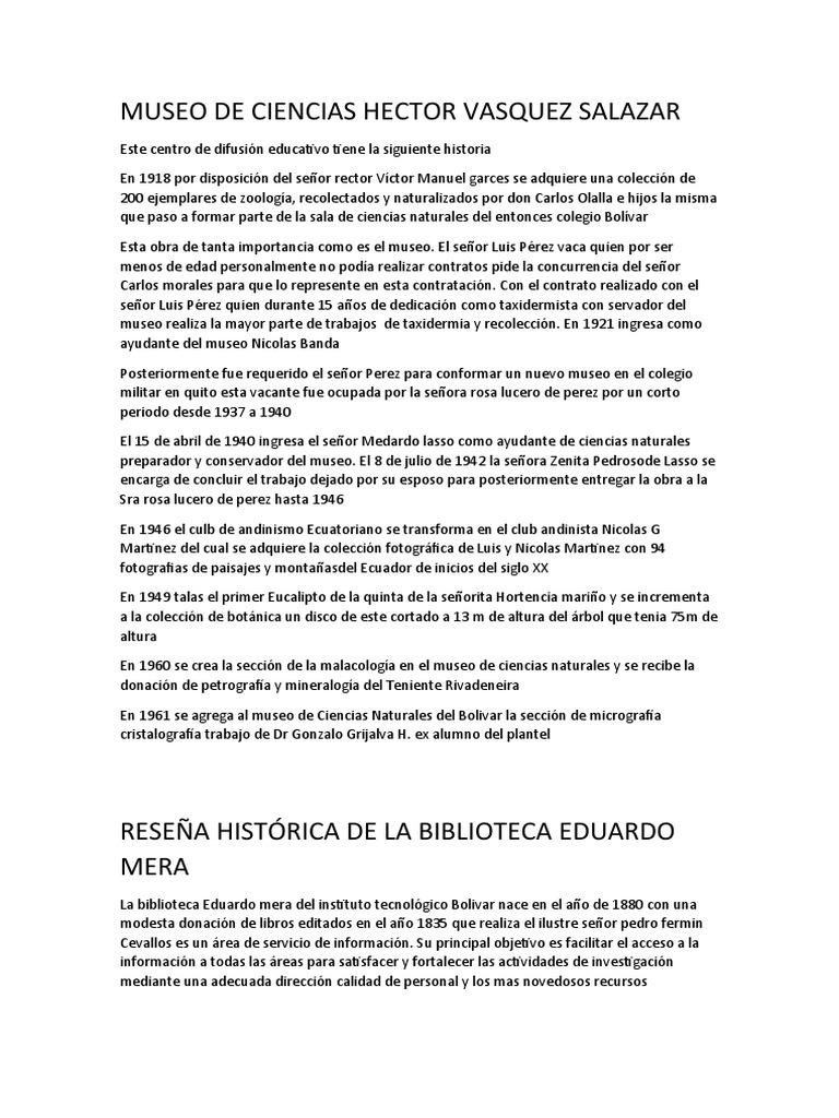 Museo de Ciencias Hector Vasquez Salazar | PDF | Bibliotecas | Museo