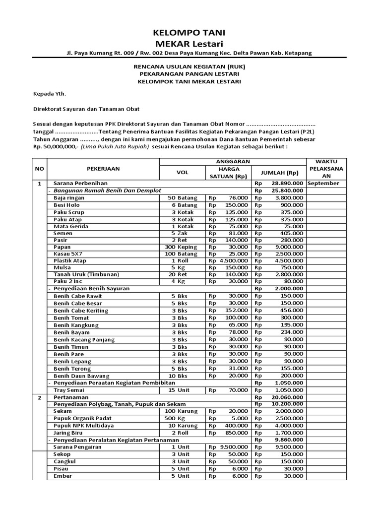 Usulan Dana P2L Kelompok Tani | PDF