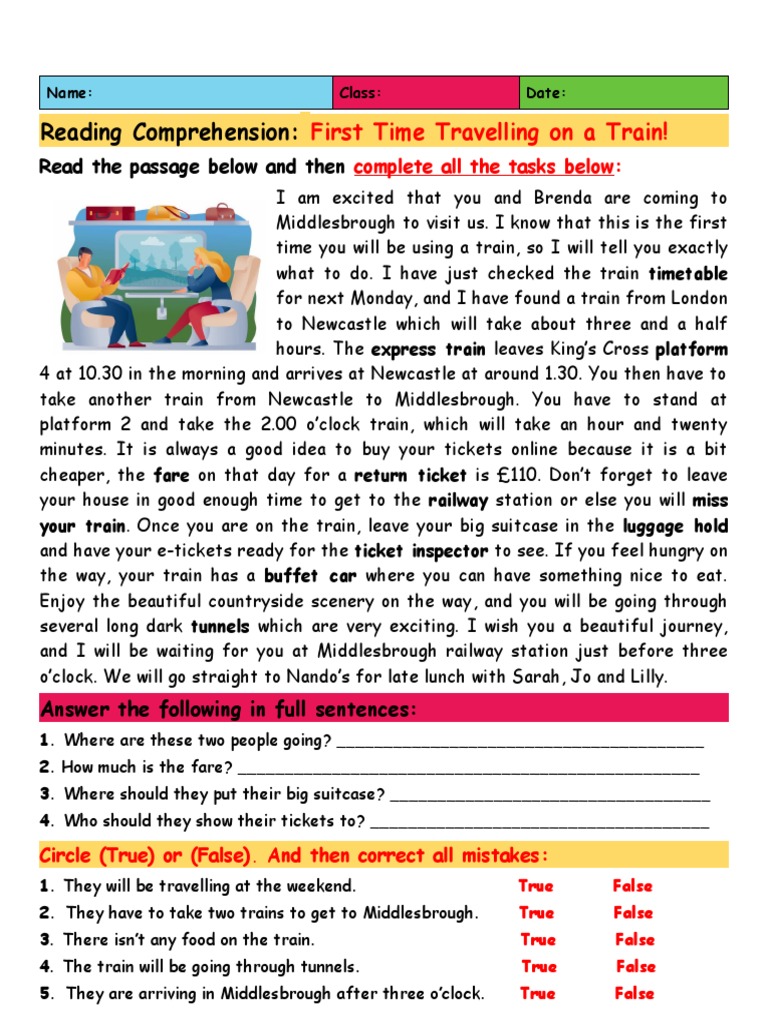 Reading Comprehension First Time Travelling On A T Reading ...