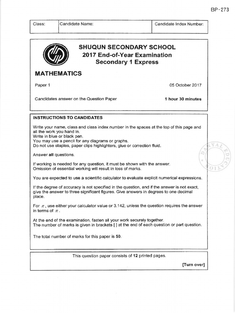 Sec 1 Math Shuqun Sec SA2 2017 | PDF | Significant Figures | Mathematics