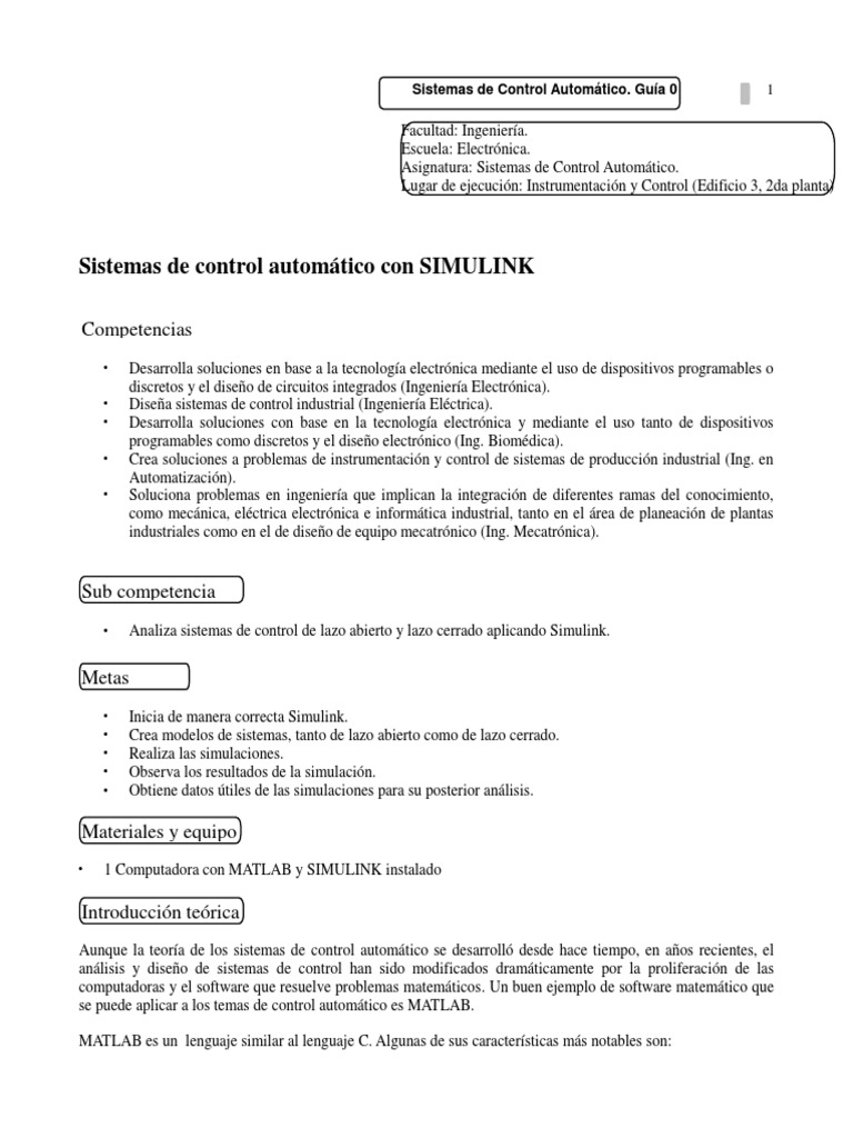 SCO101 - G0 - Sistemas de Control Automatico Con Simulink C1 - 2022 BIS2 | PDF | Matlab ...