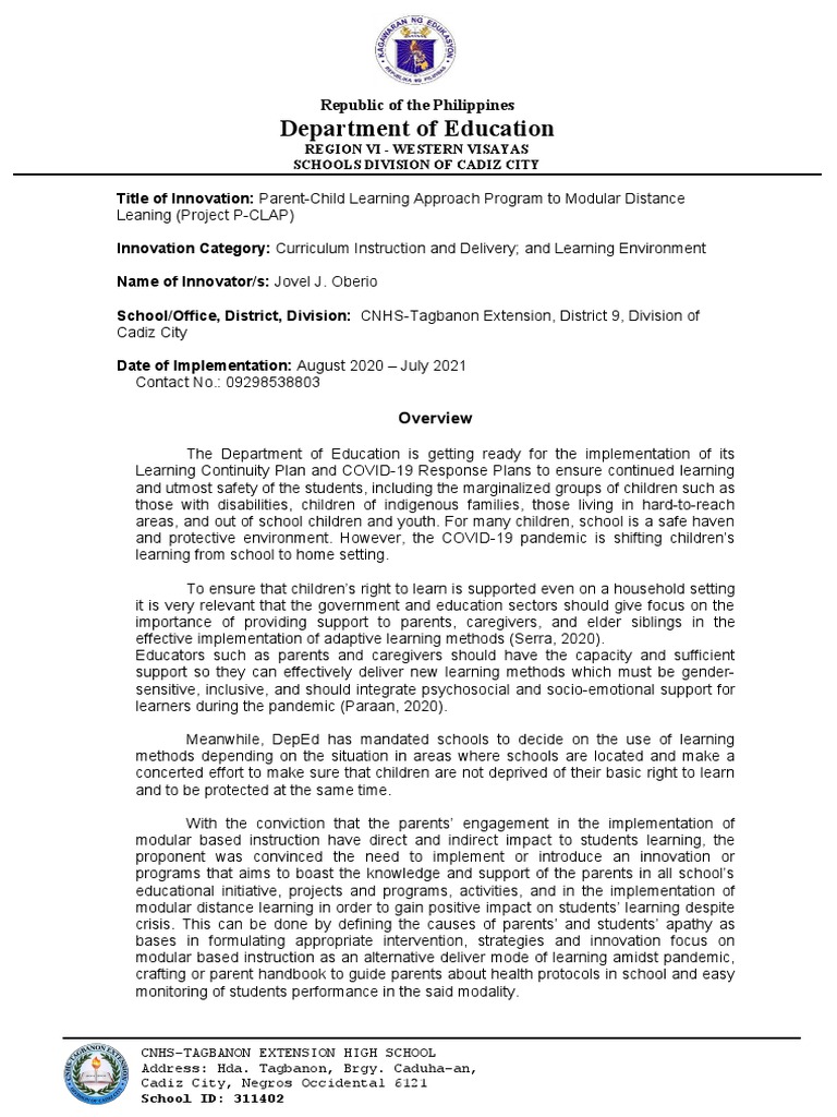 Innovation Paper Jovel - PCLAP | PDF | Learning | Distance Education