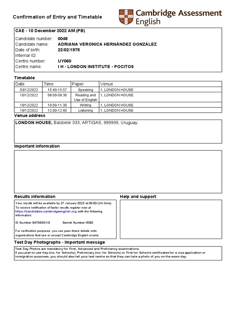 Confirmation of Entry and Timetable | PDF