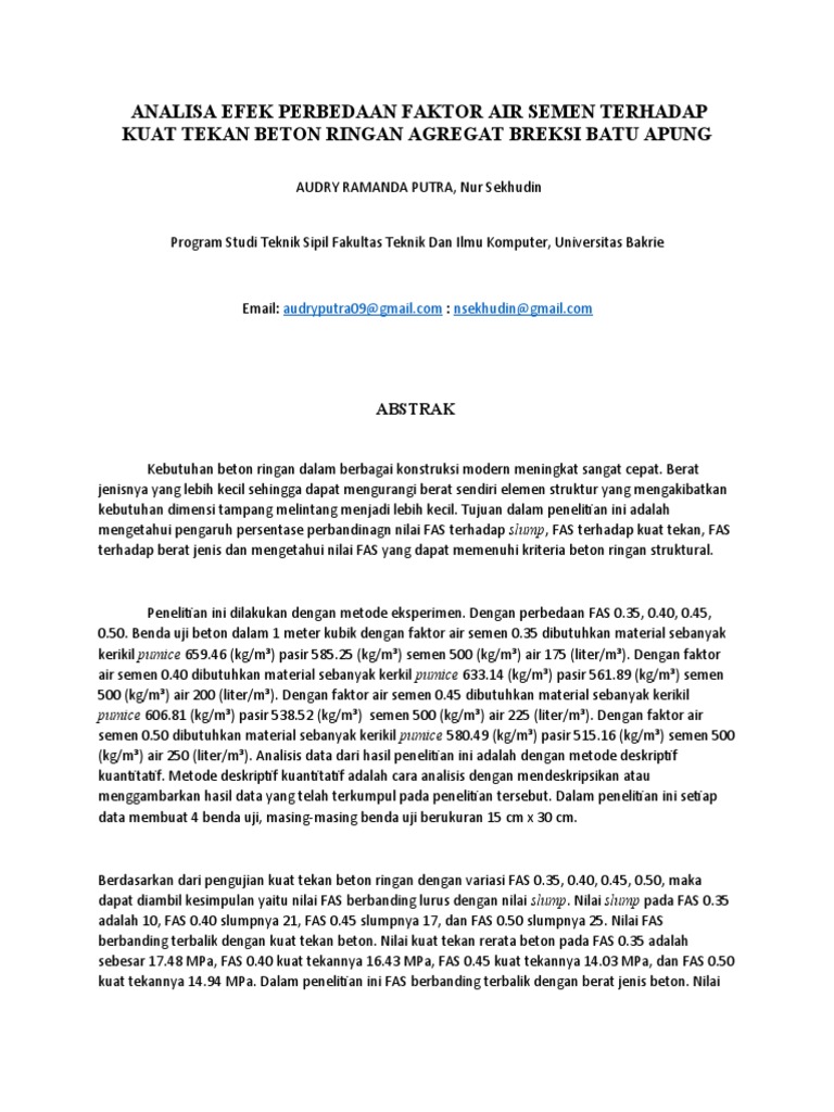 Analisa Efek Perbedaan Faktor Air Semen Terhadap Kuat Tekan Beton Ringan Agregat Breksi Batu ...