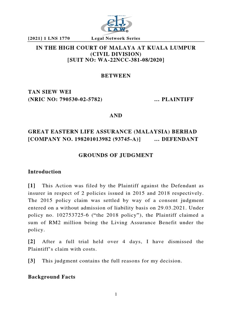 Great Eastern Life Claim Judgment | PDF | Discovery (Law) | Insurance