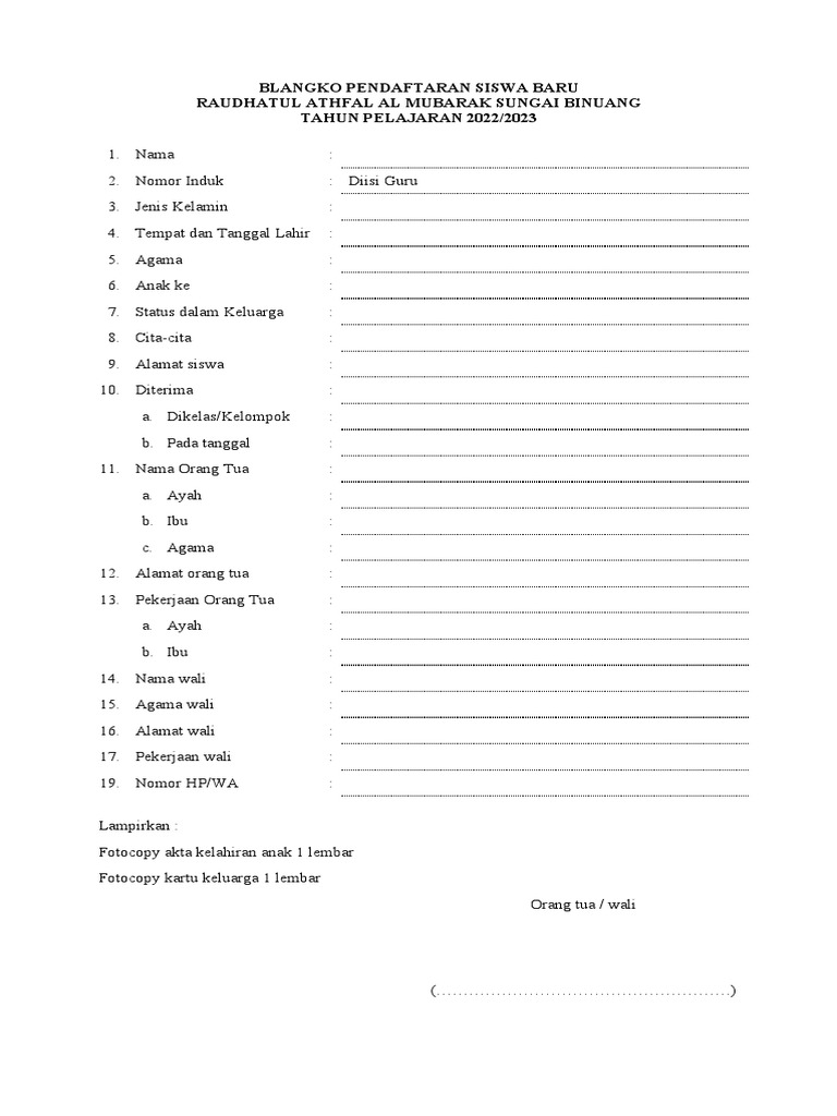Blangko Pendaftaran Siswa Baru | PDF