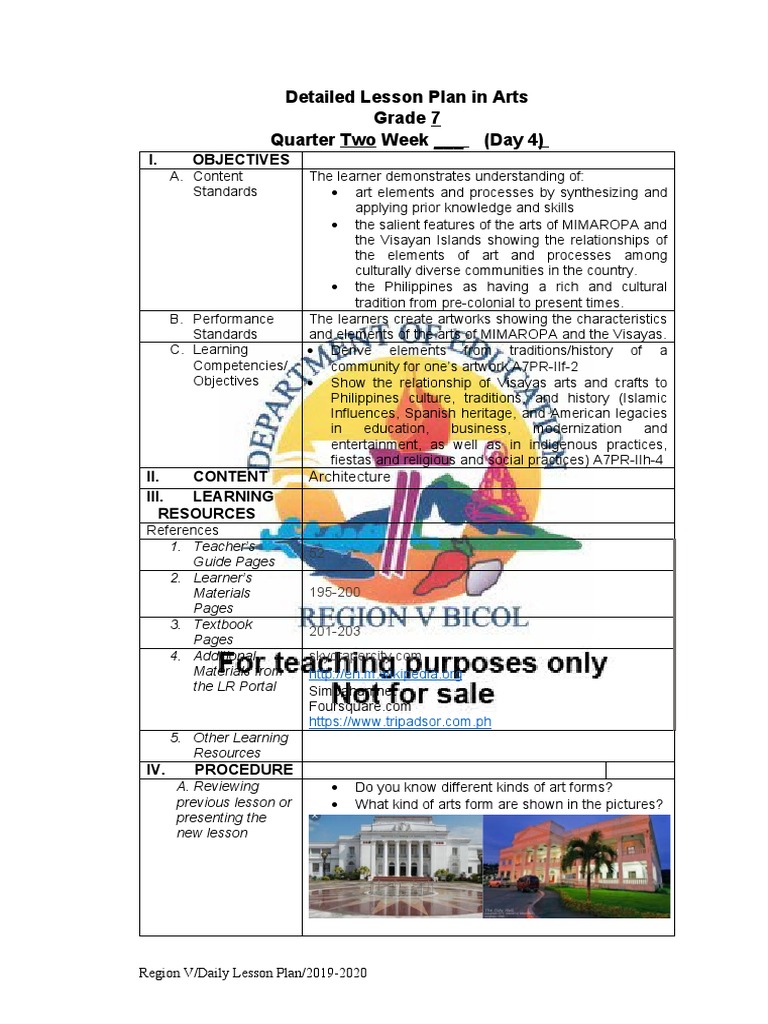 Grade 7 - Arts - Quarter 2 Day 4 | PDF | Lesson Plan | Design