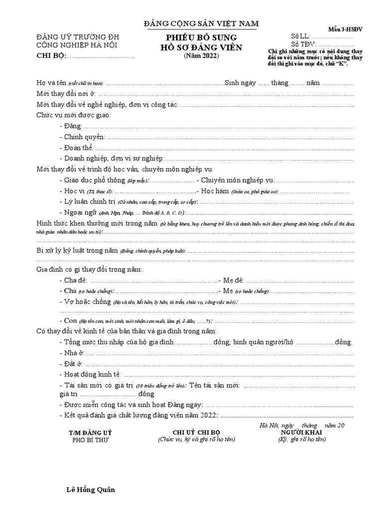 2022 Phieu Bo Sung Ho So Dang Vien Hang Nam | PDF