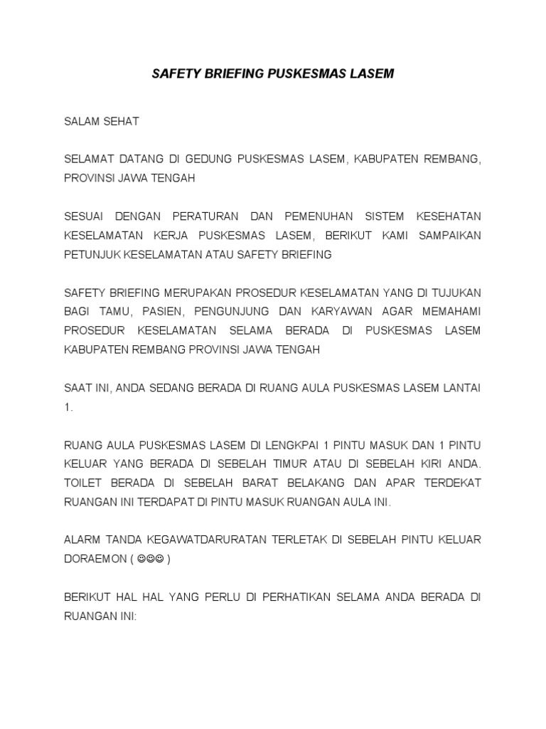 Safety Briefing Puskesmas Lasem | PDF
