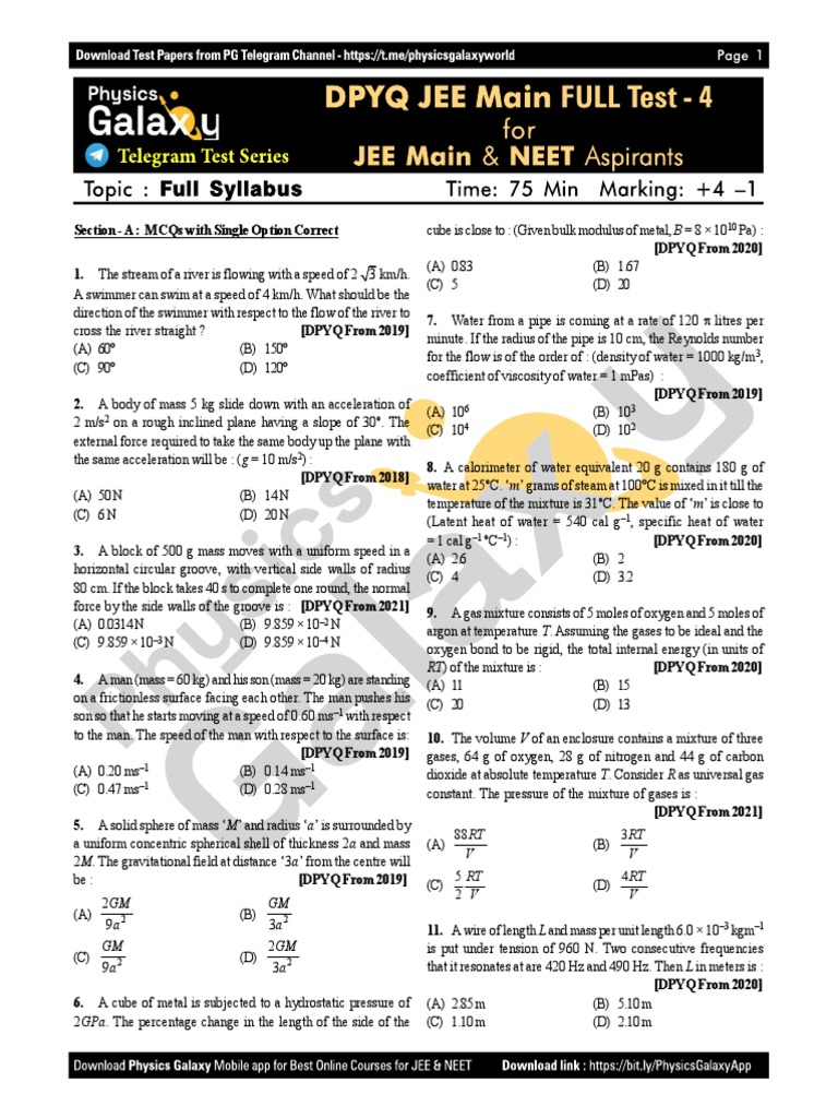 JEE Main DPYQ Full Syllabus PAPER-4 | PDF | Gases | Sphere