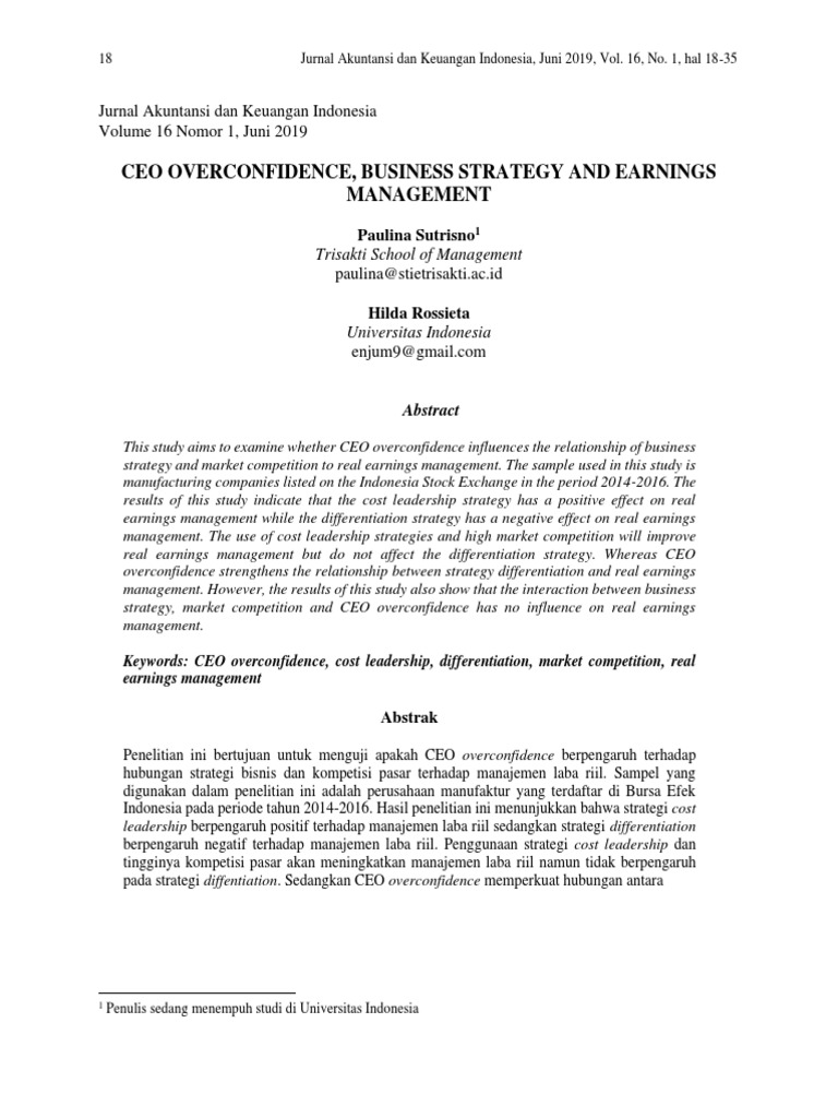 Ceo Overconfidence Business Strategy and Earnings Management | PDF