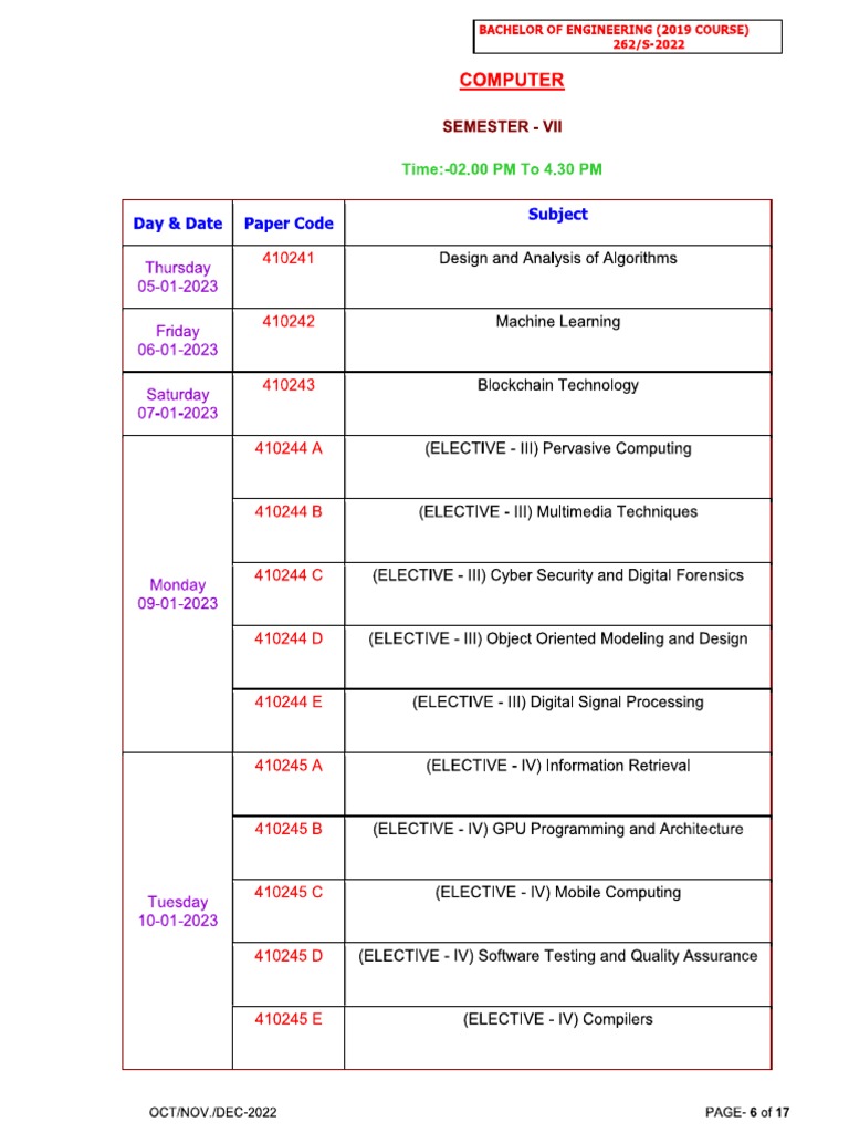 Computer Exam Timetable | PDF