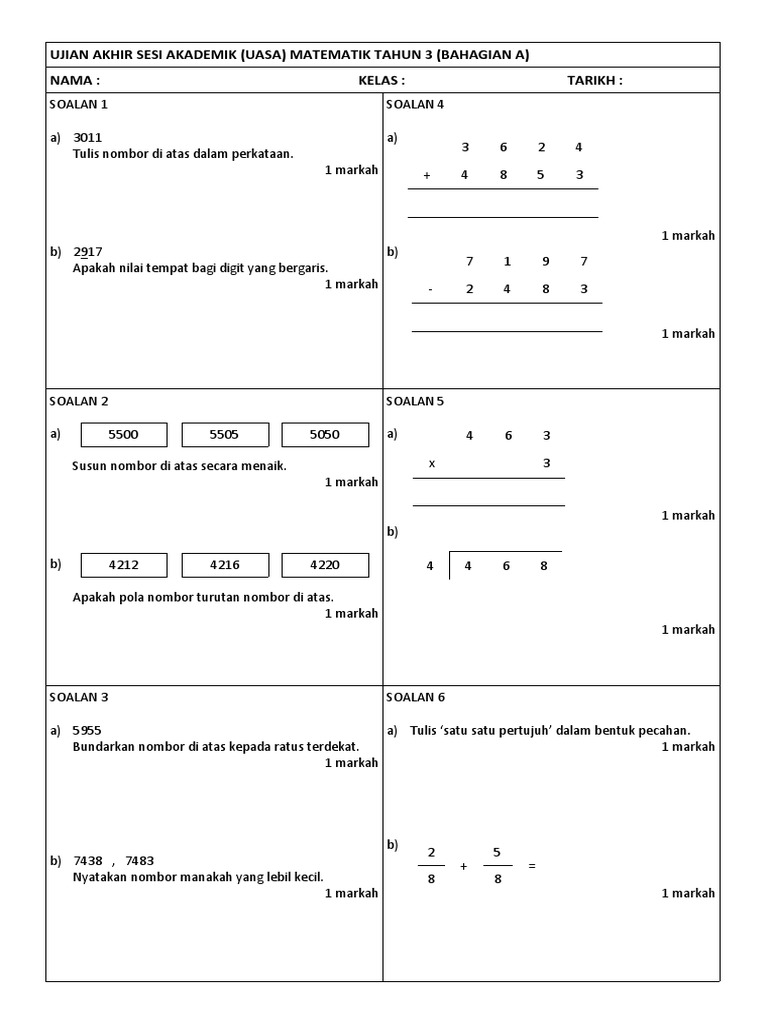 Ujian Akhir Sesi Akademik Matematik Tahun 3 | PDF