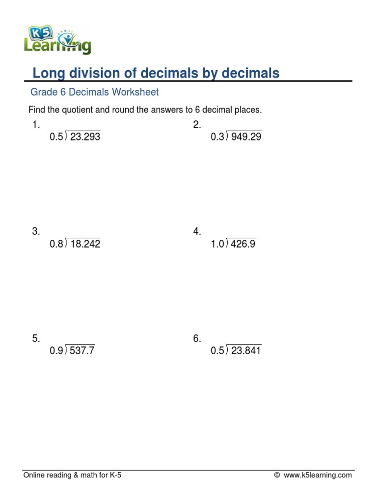 Grade 6 Dividing Decimals by 1 Digit Decimals D | PDF