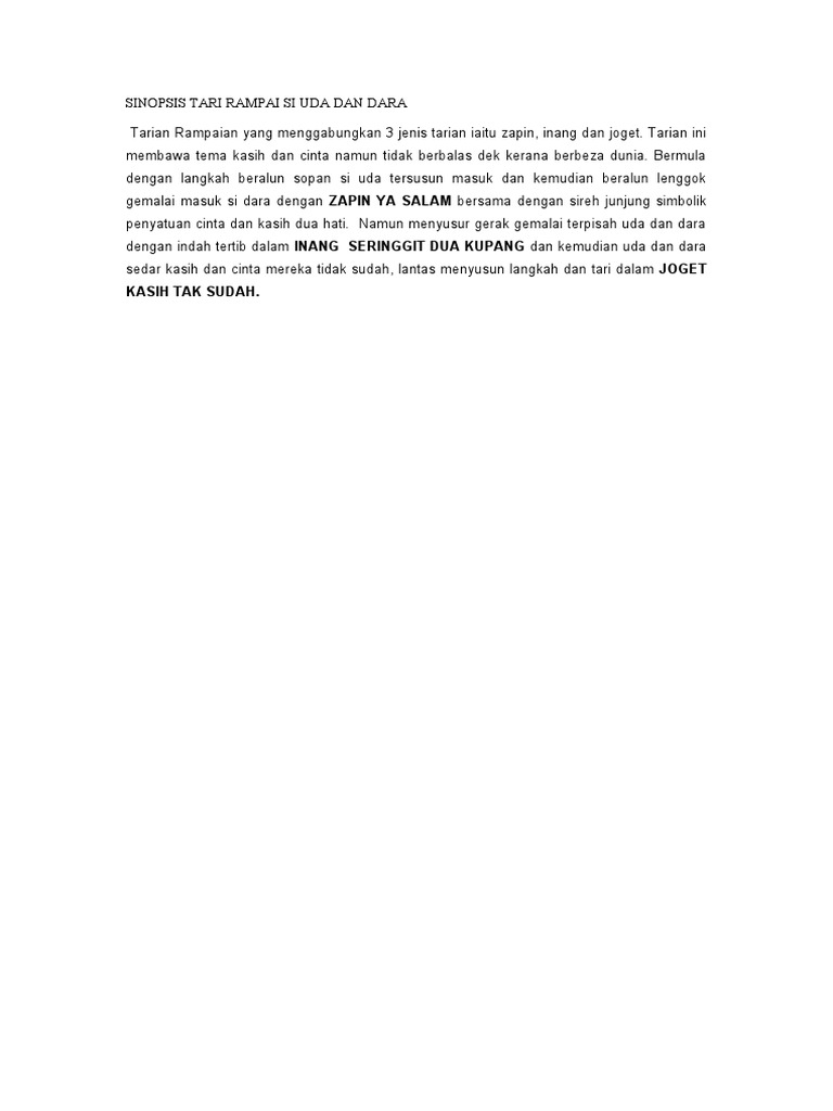 Sinopsis Tari Rampai Uda Dan Dara PPD Krai | PDF