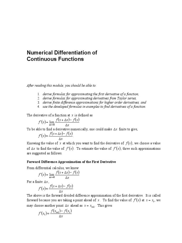 Numerical Differentiation of Continuous Functions | PDF | Derivative | Finite Difference