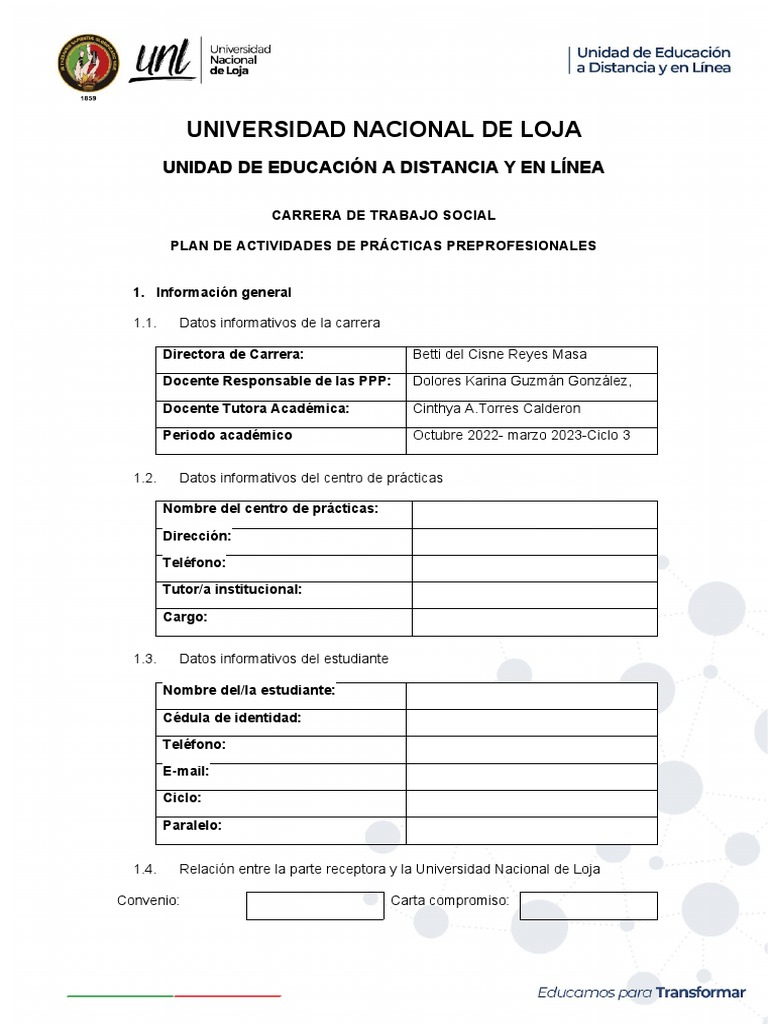 Anexo I - Plan de Actividades de Las PPP (Realiza El Estudiante, Legaliza Tutor Académico) | PDF ...
