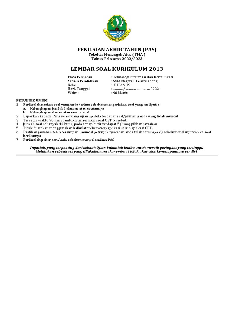 Kop Soal PAS | PDF