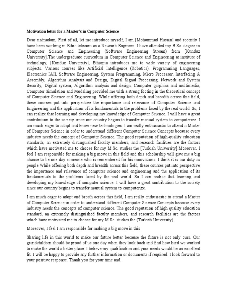 Motivation Letter For A Master | PDF | Computer Science | Engineering