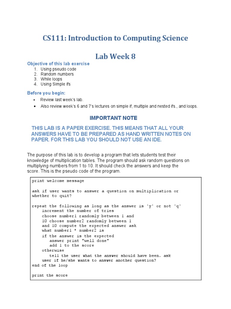 Developing a Multiplication Quiz Program Using Pseudo Code, Random Numbers, and Control Flow in ...