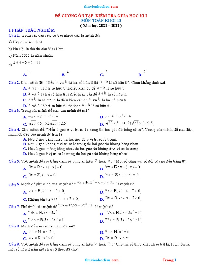 De Cuong On Tap Toan 10 Giua HK1 | PDF