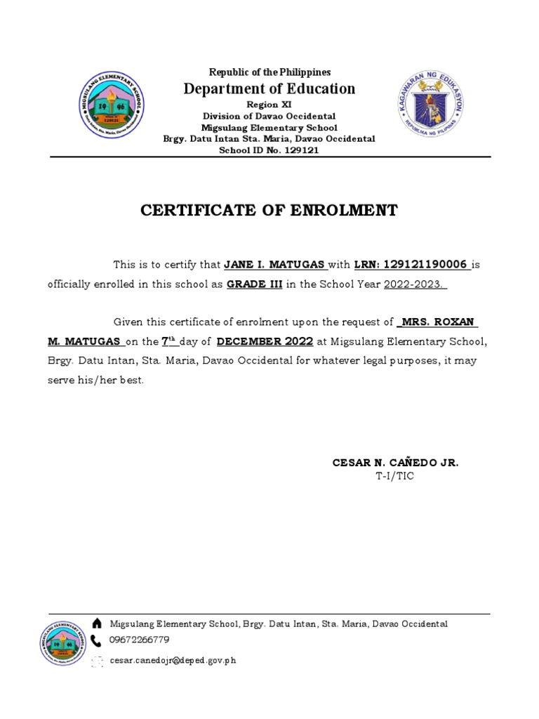 Certificate of Enrolment | PDF