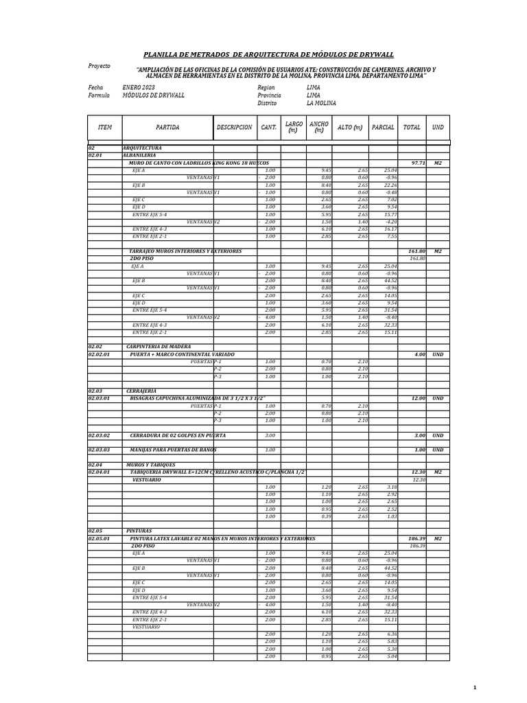 02.-Metrado de Arquitectura Drywall | PDF | Albañilería