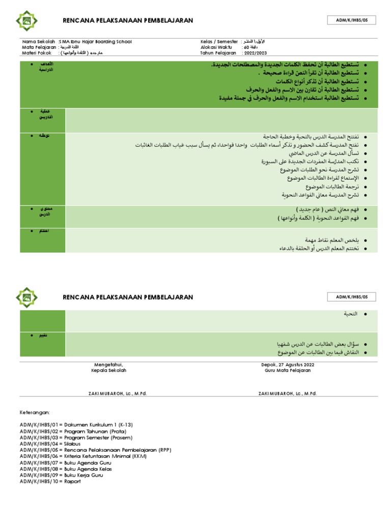 Contoh RPP Pembelajaran Bahasa Arab | PDF