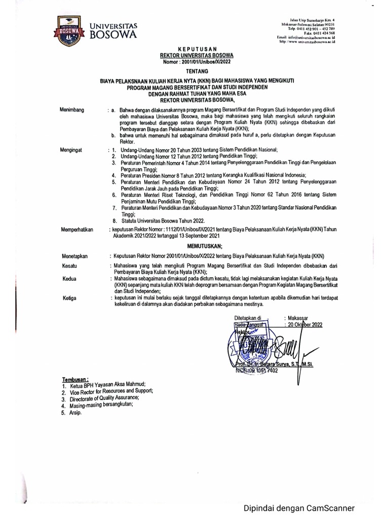 SK Bebas Biaya KKN Tahun 2022 | PDF