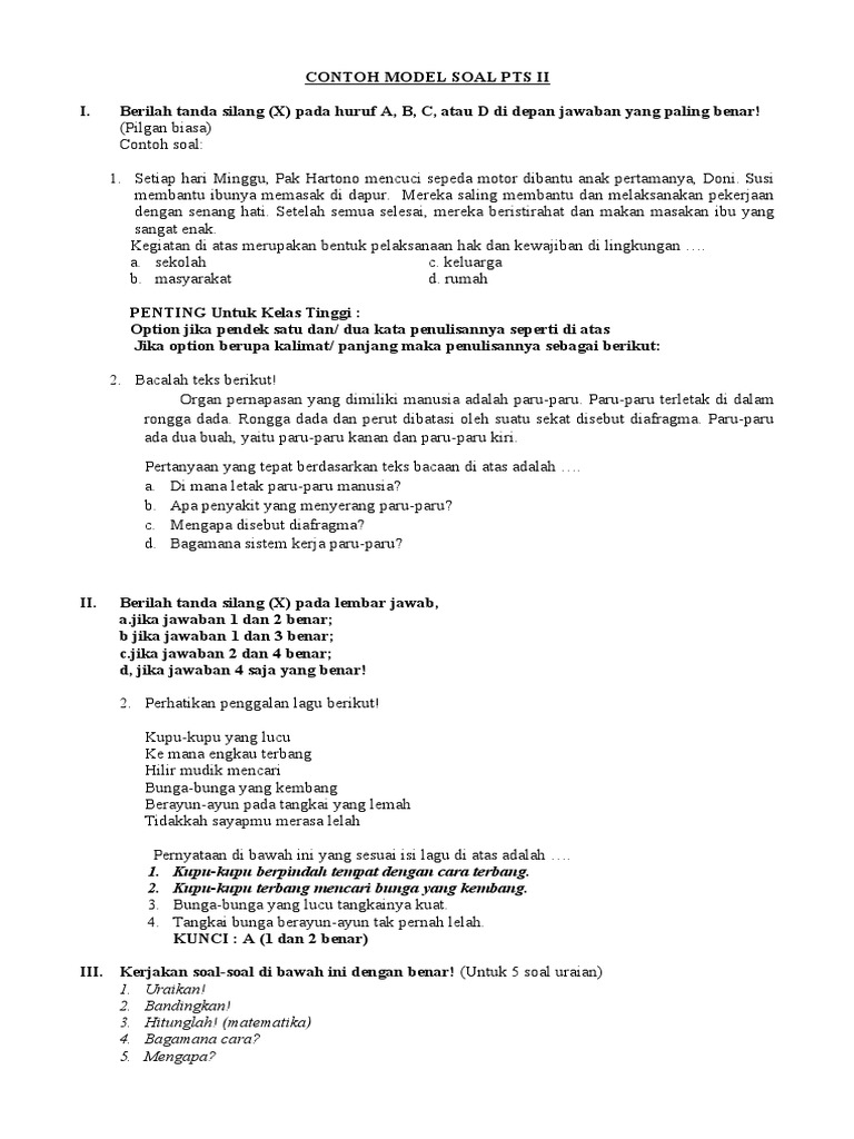 Contoh Model Soal Dan Perintah PTS II Tematik | PDF