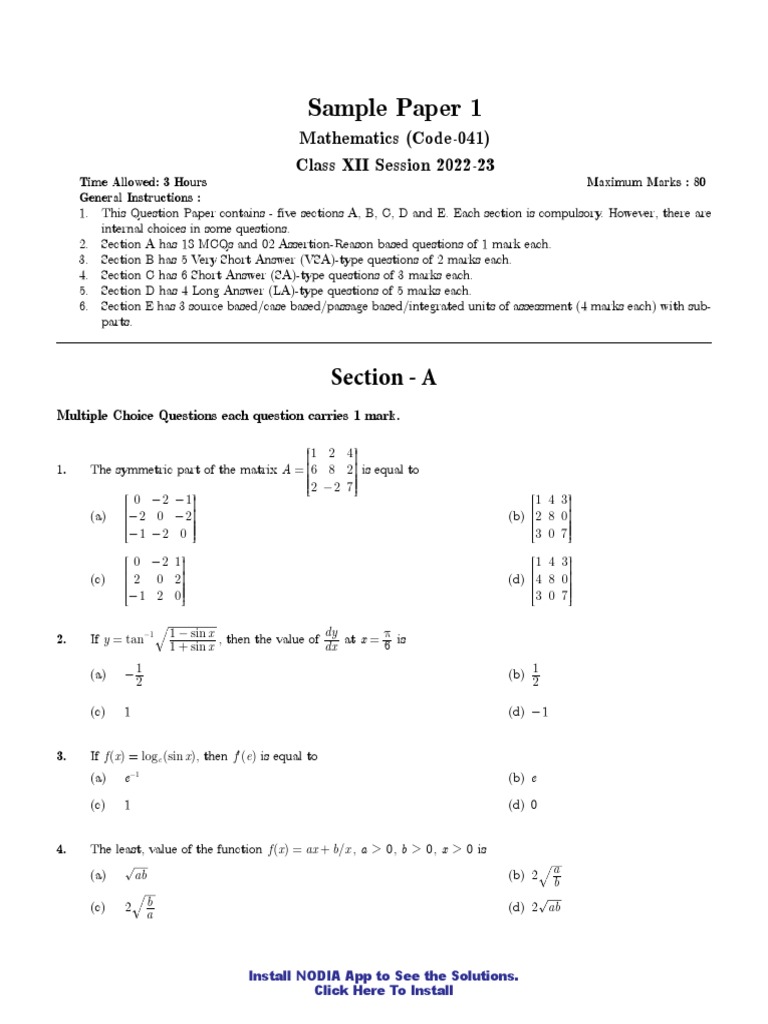Sample Paper 1: Mathematics (Code-041) Class XII Session 2022-23 | Download Free PDF | Prices ...