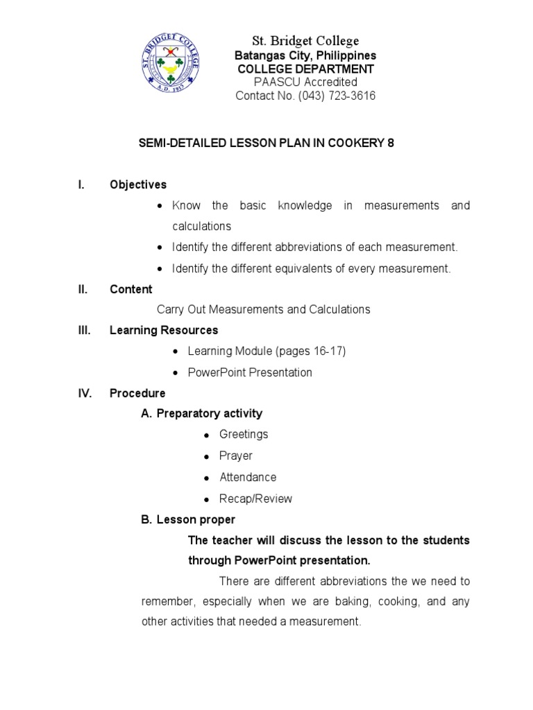 Semi-Detailed Lesson Plan (Carry Out Measurements) | PDF | Tablespoon ...