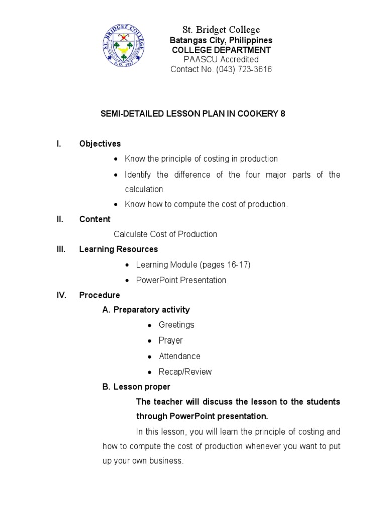 Costing Principles in Cookery Lesson Plan | PDF | Prices | Economies