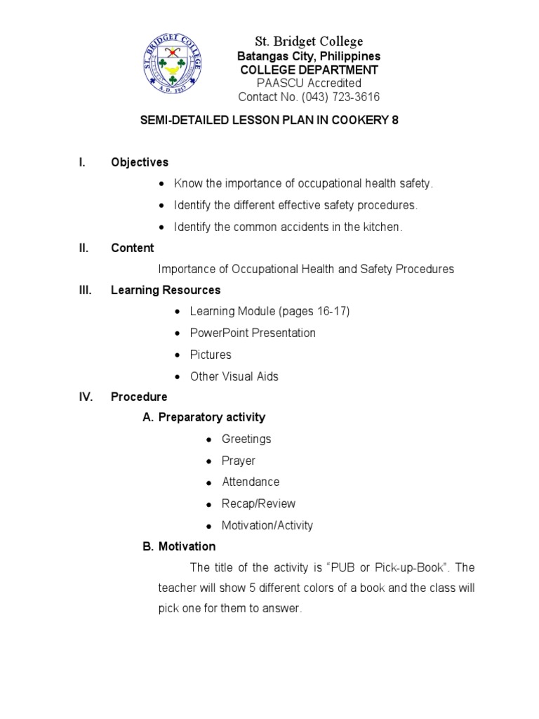 Semi-Detailed Lesson Plan in Cookery 8 | PDF | Occupational Safety And ...
