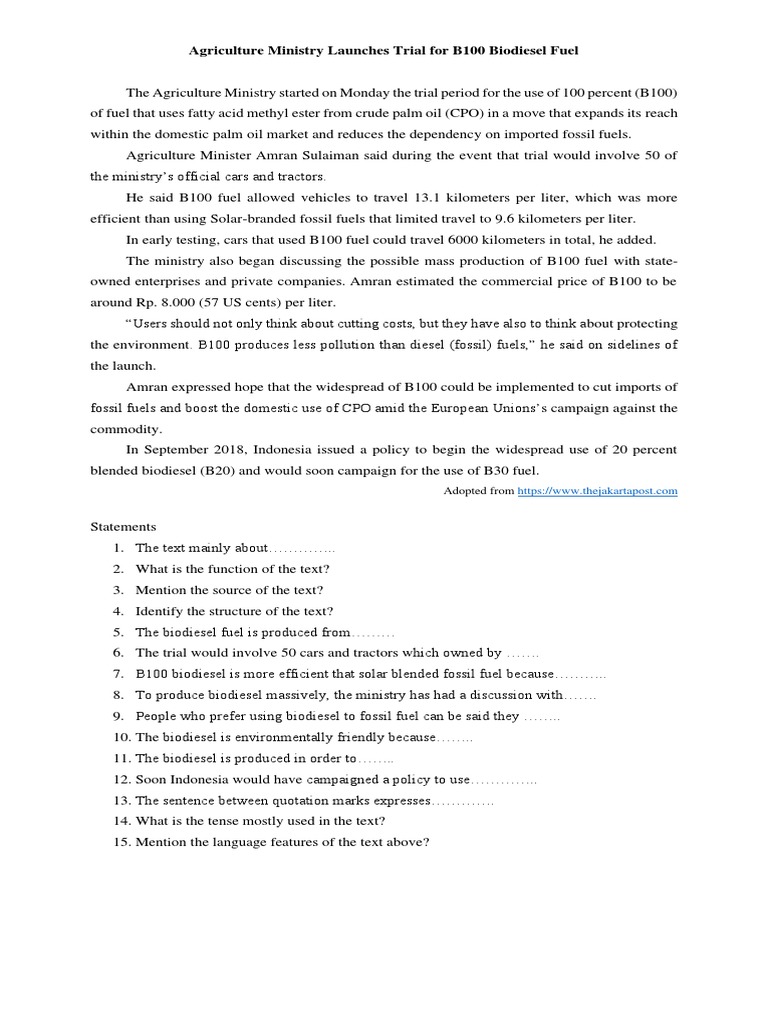 Indonesia Trials 100% Biodiesel Fuel (B100) | PDF | Biodiesel ...