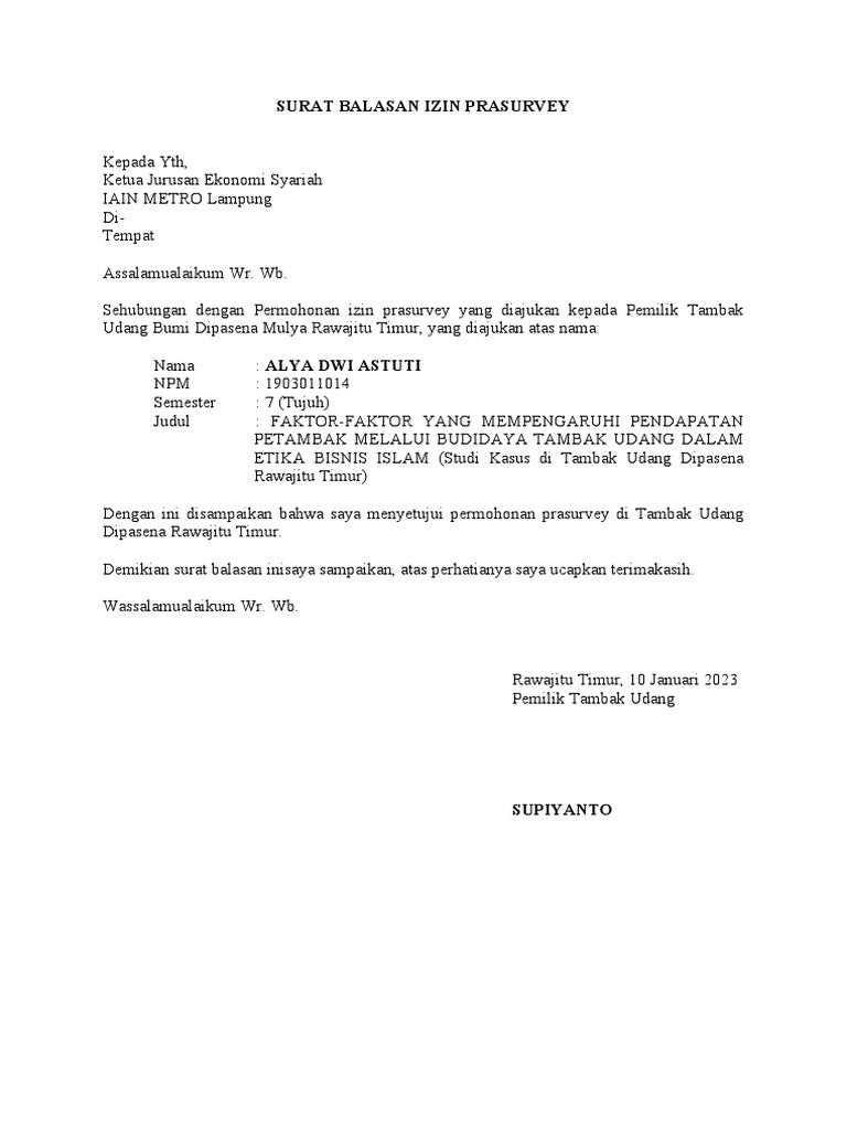 Surat Balasan Izin Prasurvey Alya | PDF