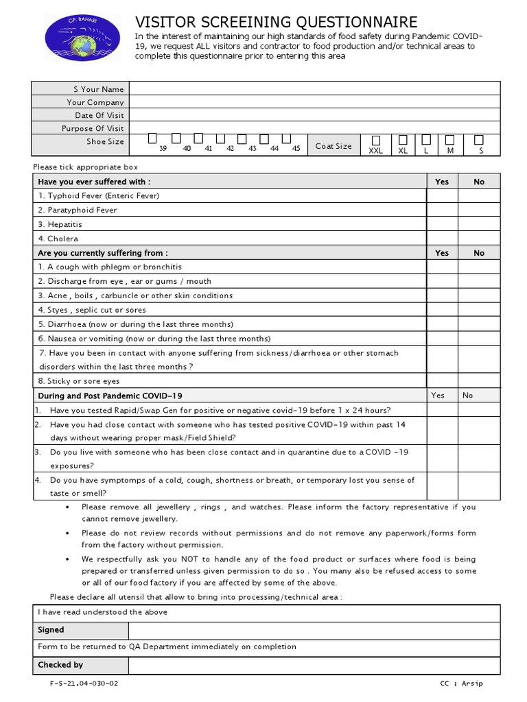 Visitor Screening Questionnaire for COVID-19 | PDF | Diseases And ...