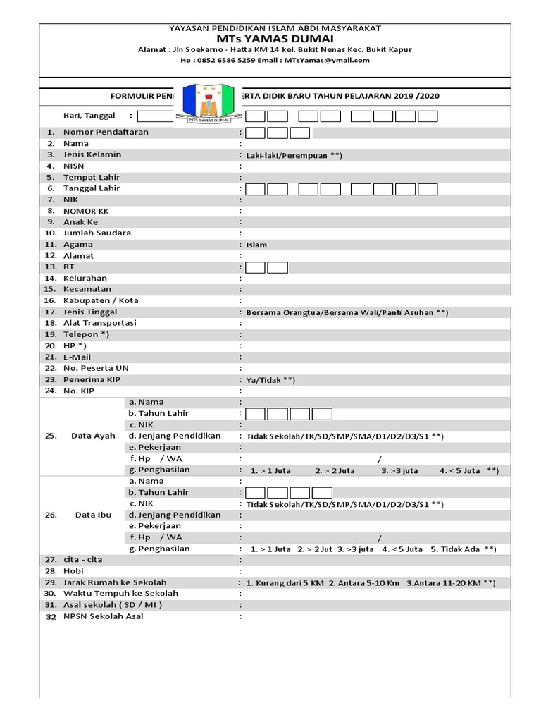 Formulir PPDB MTs Yamas Dumai 2019/2020 | PDF