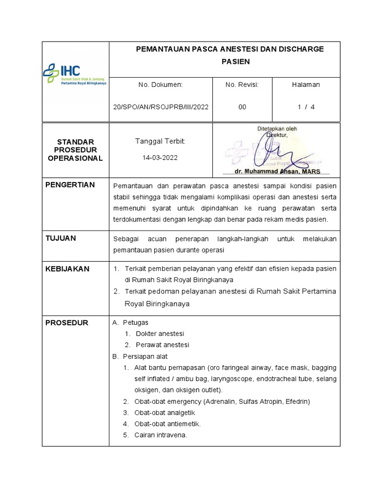 20 Spo Pemantauan Pasca Anestesi Dandischarge Pasien. | PDF | Sains ...