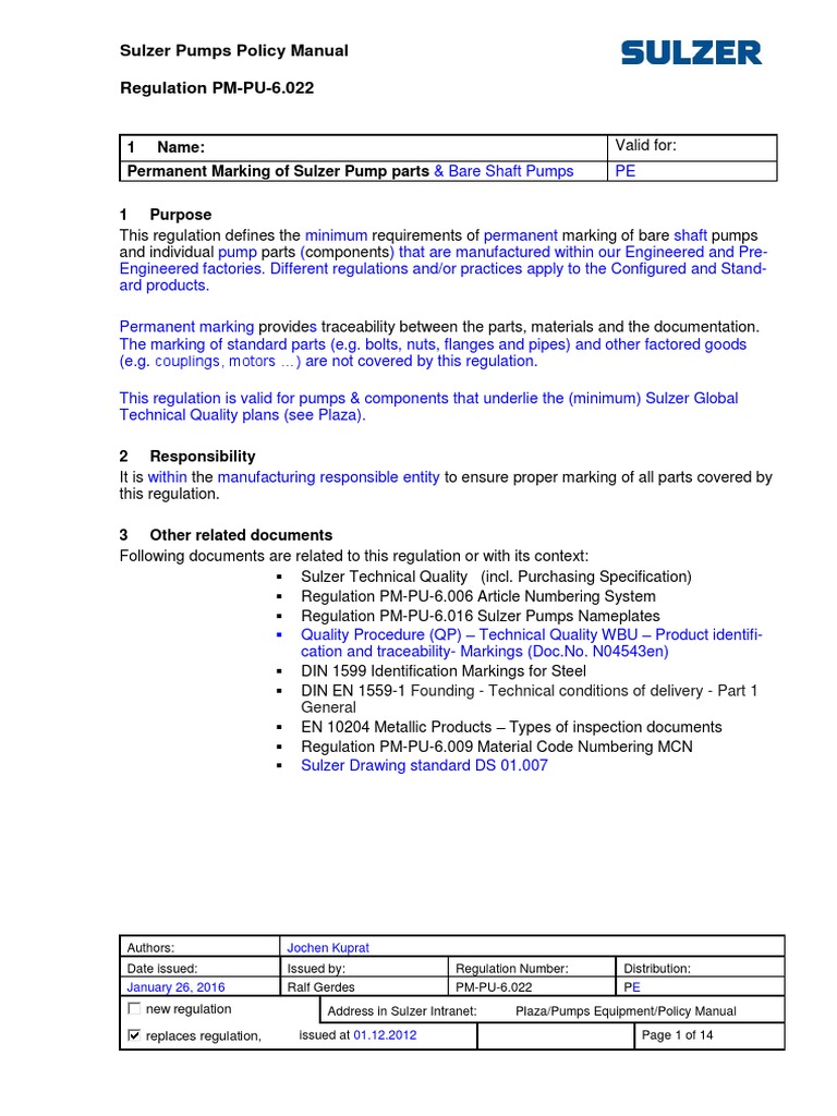 Sulzer Pumps Marking Policy | PDF | Pump | Foundry
