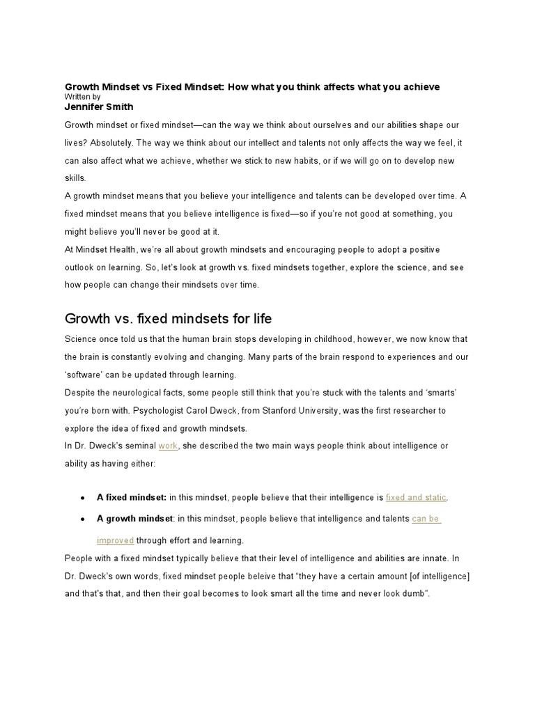 Growth vs Fixed Mindsets: How Your Thinking Shapes Achievement | PDF ...