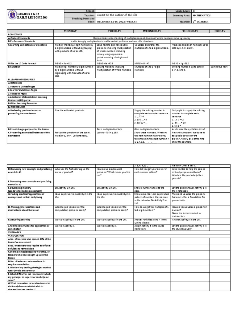 DLL Mathematics 3 q2 w6 | PDF | Learning | Education Theory