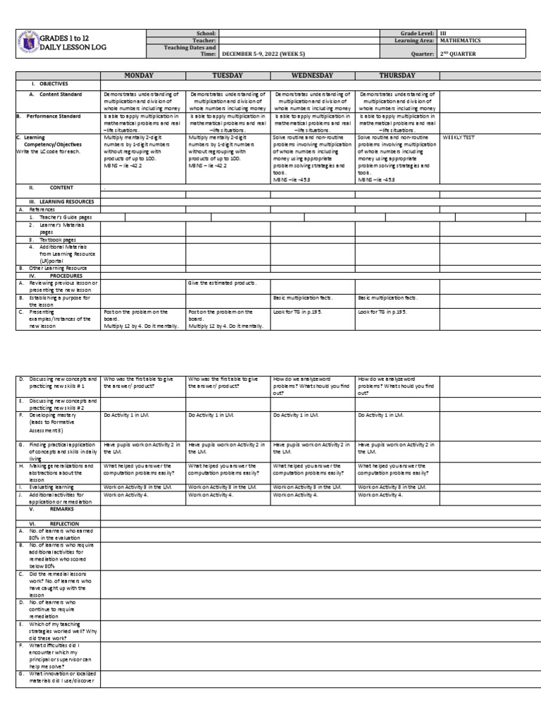 Grade 3 Math DLL Week 5 Overview | PDF | Multiplication | Learning