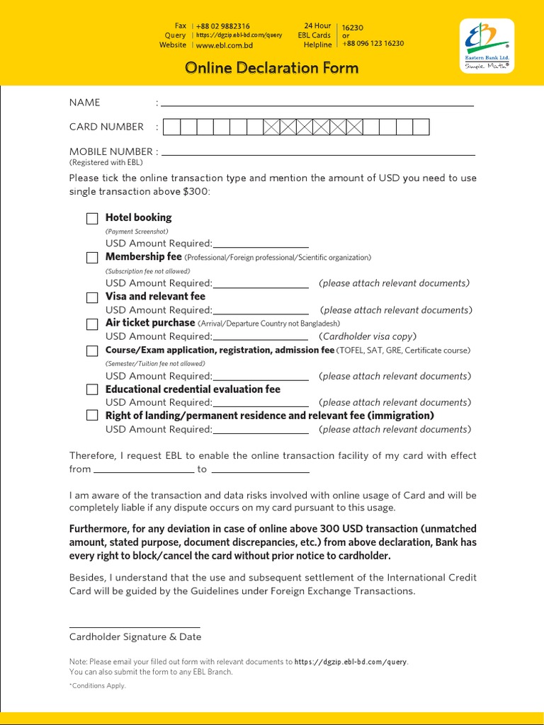 Online Declaration Form September-2022 | PDF | Fee | Visa Inc.