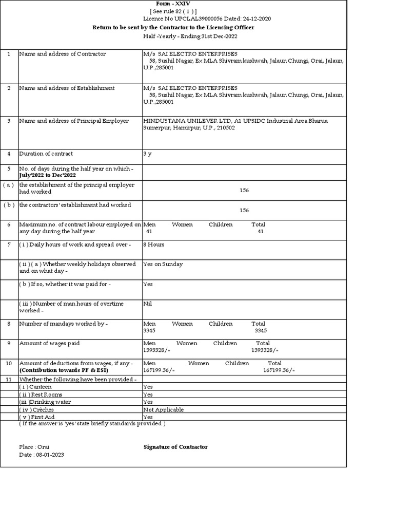 Form - XXIV Half Yearly Return Under Contract Labour R A Act | PDF ...