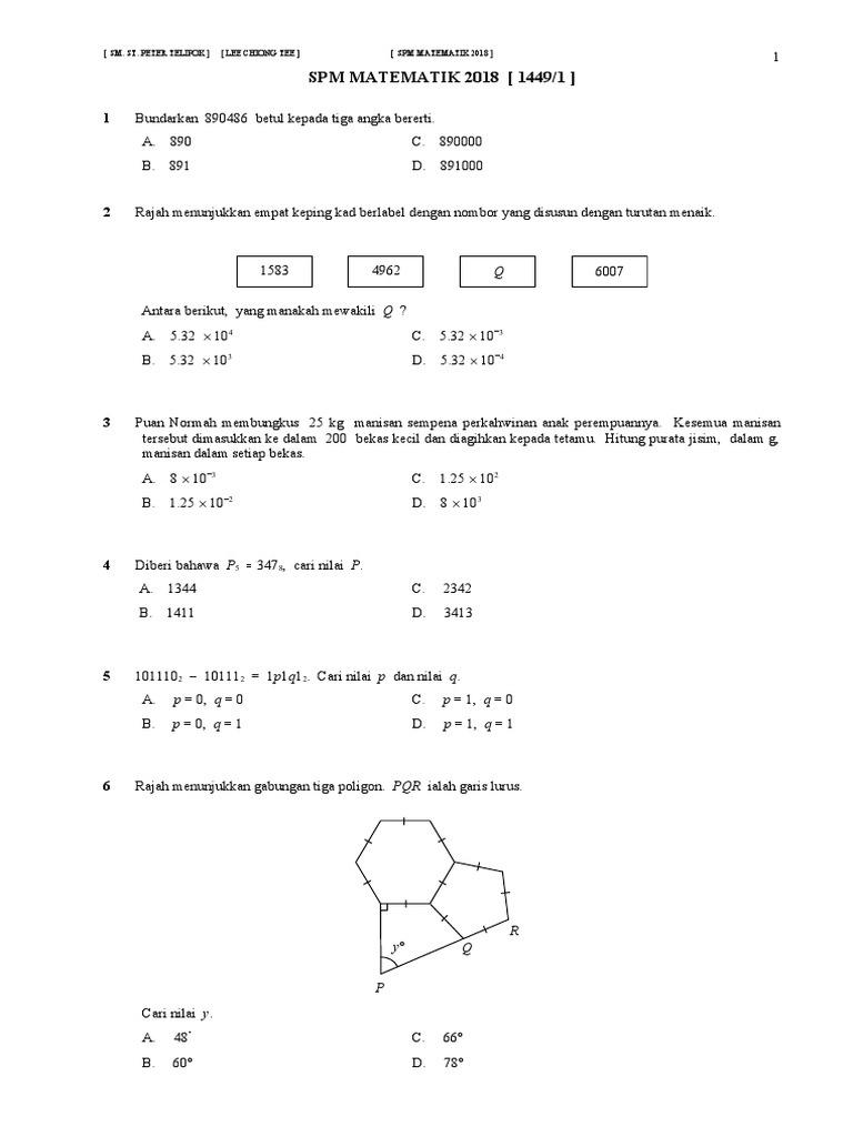 MATEMATIK SPM 2018 P1 | PDF