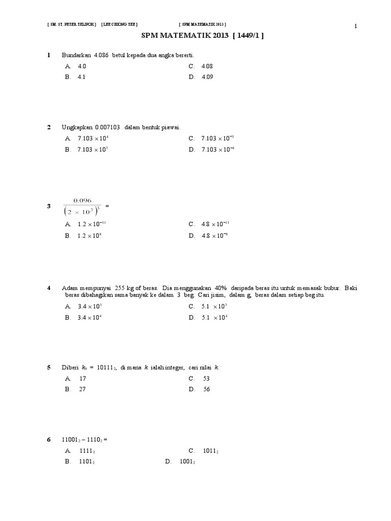 2013 P1 - Matematik SPM | PDF